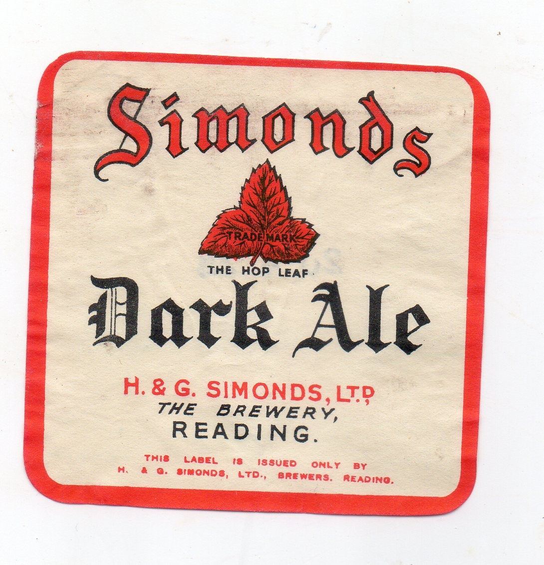 SIMONDS DARK ALE – 71mm TALL – FAIR ONLY – READING – British Beer Labels