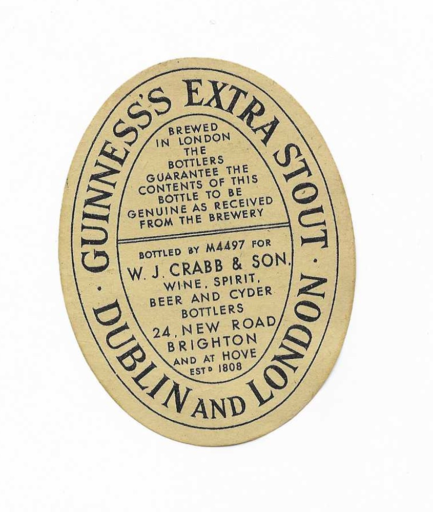 GUINNESS – W.J. CRABB OF BRIGHTON – 86mm TALL – British Beer Labels