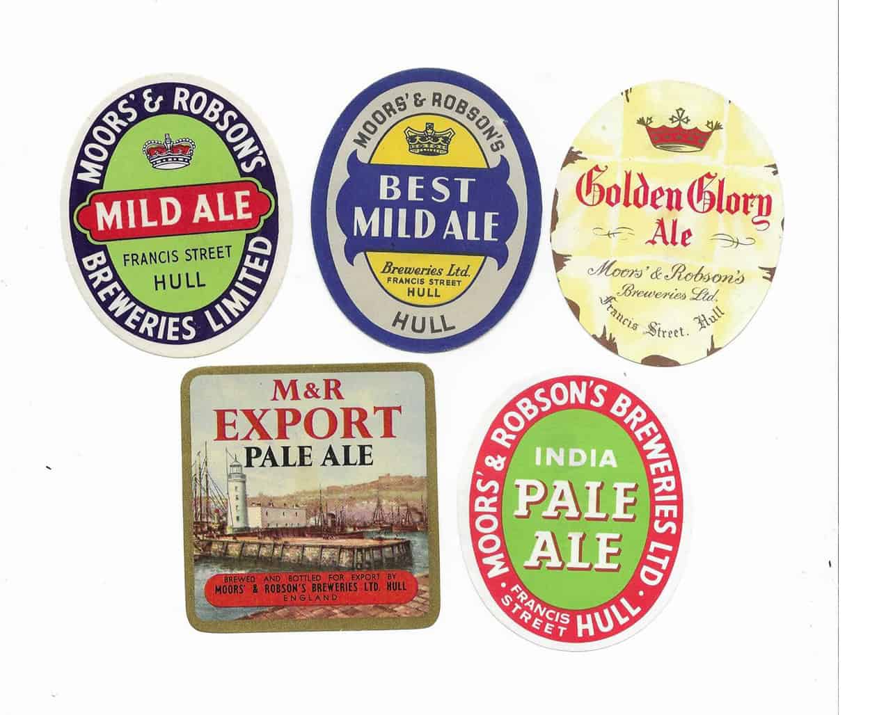 MOORS & ROBSON GROUP OF 5 LABELS – SEE BOTH PICS – British Beer Labels