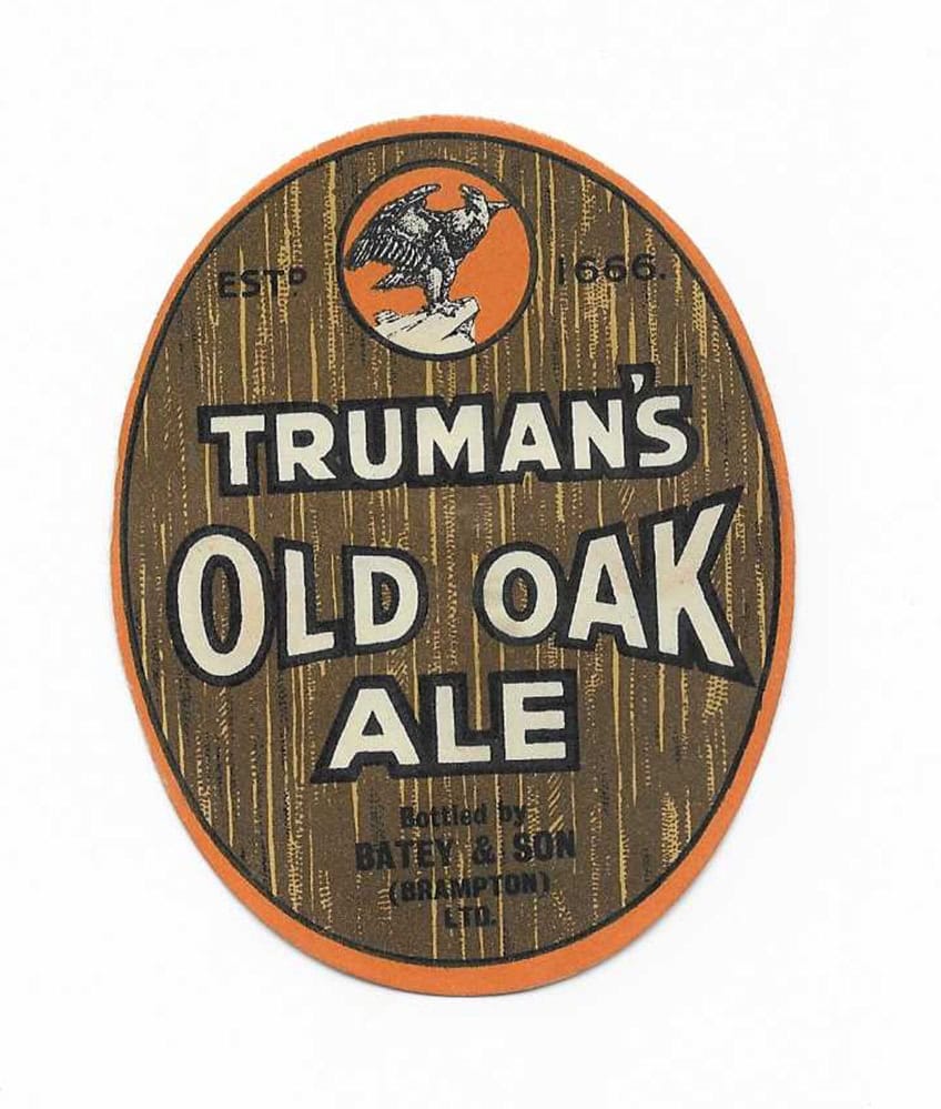 TRUMAN OLD OAK ALE – BATEY OF BRAMPTON – 84mm TALL – SEE BOTH SCANS ...