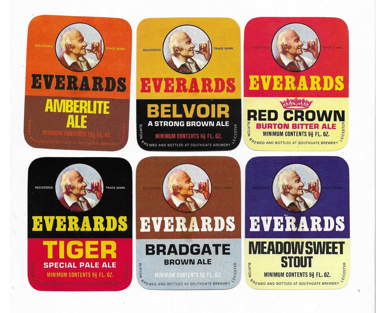 EVERARDS OF LEICESTER – 6 DIFF. RECTANGLE CONTENTS – ALL 9 2/3 FL.OZS ...