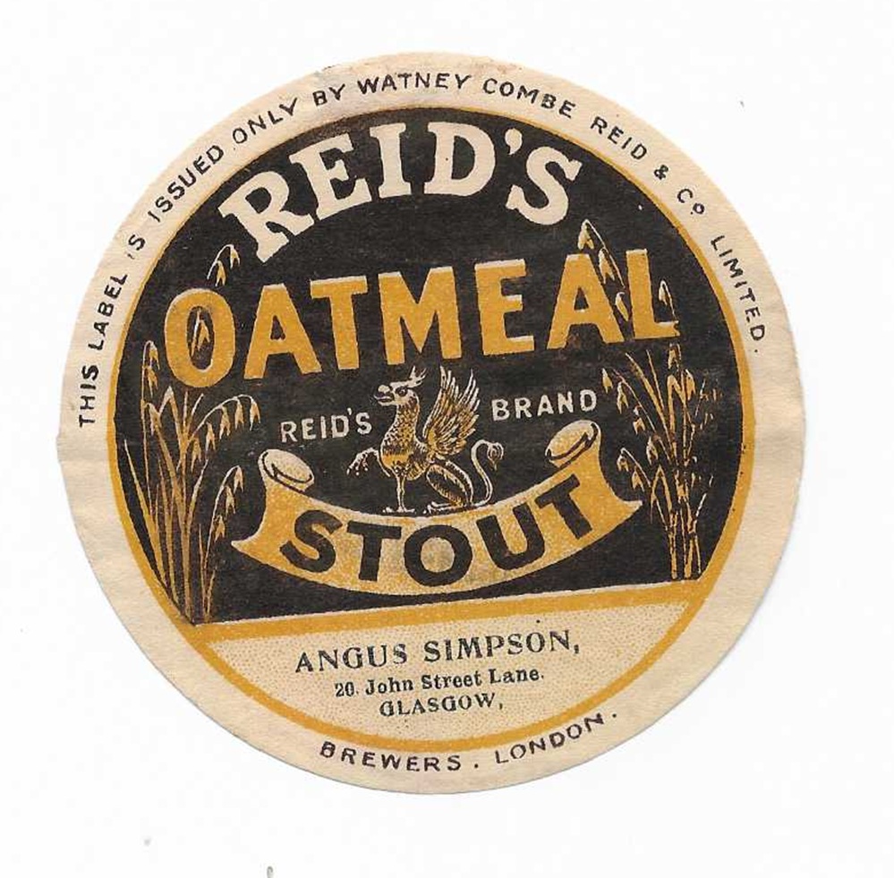 WATNEY COMBE REID – OATMEAL STOUT – 1913 LABEL – FOR ANGUS SIMPSON OF ...