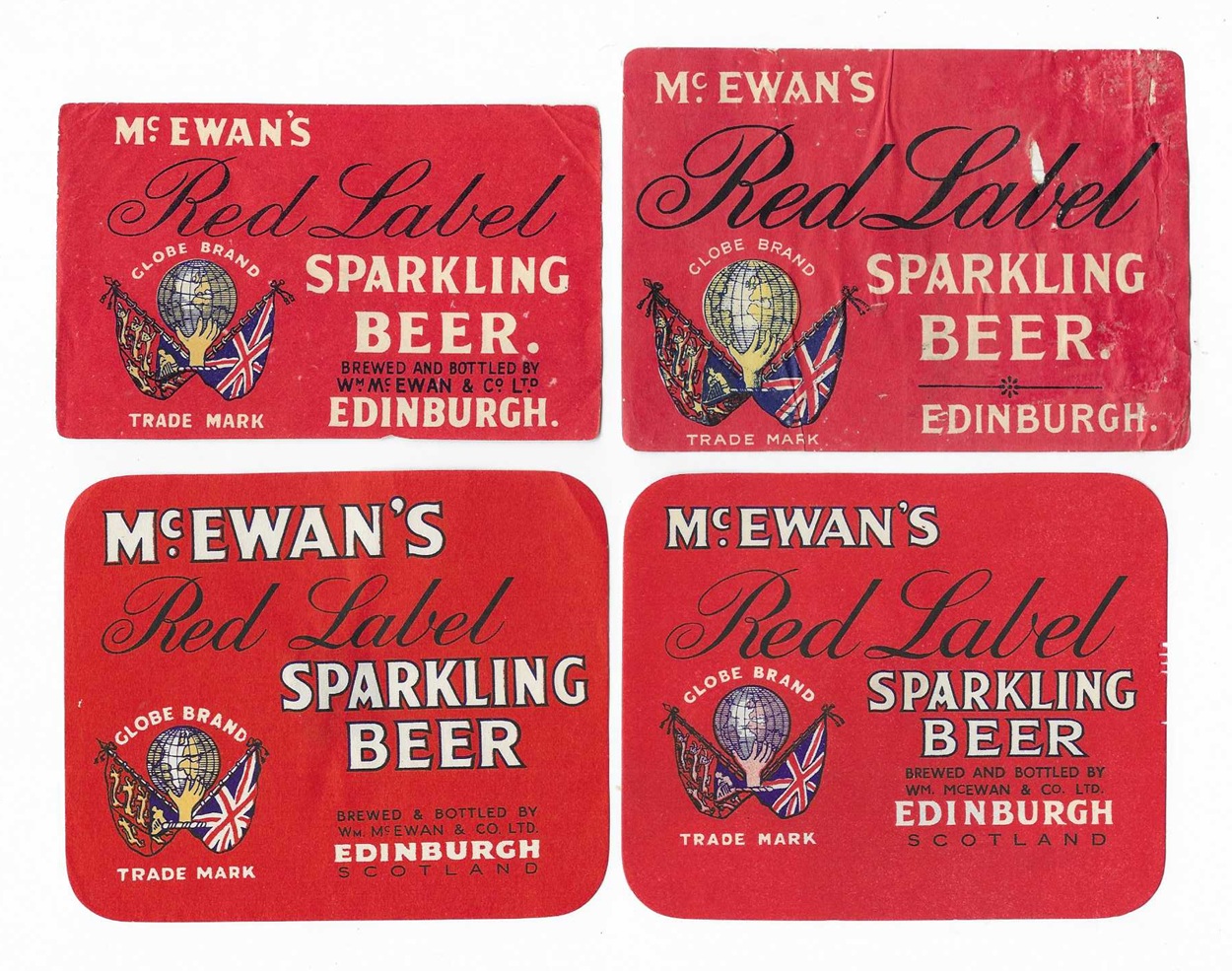 McEWAN – 4 DIFFERENT RED SPARKLING RECTANGLE LABELS – SEE BOTH PICS ...