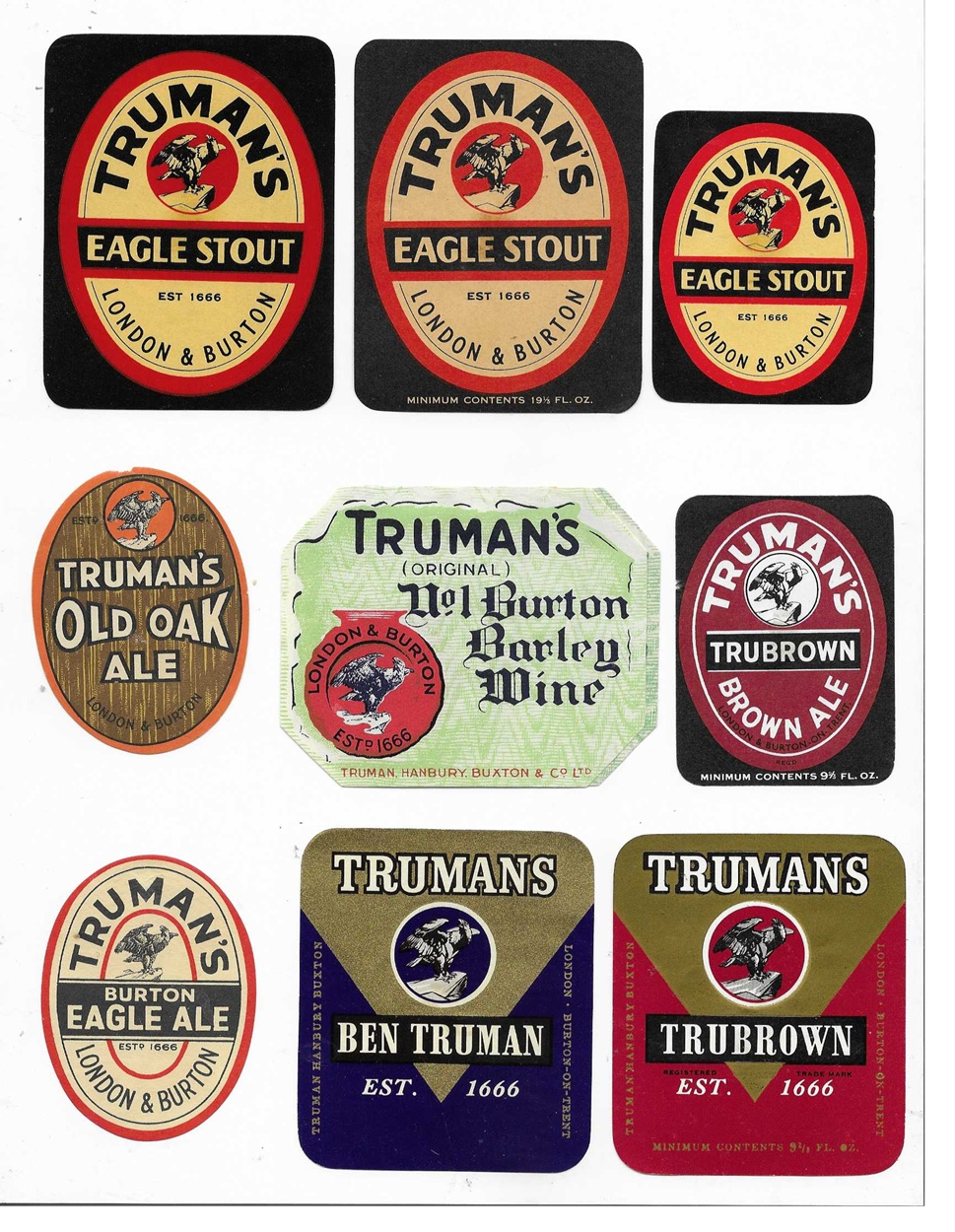 TRUMAN – ODD GROUP OF 9 LABELS – SEE BOTH PICS – British Beer Labels