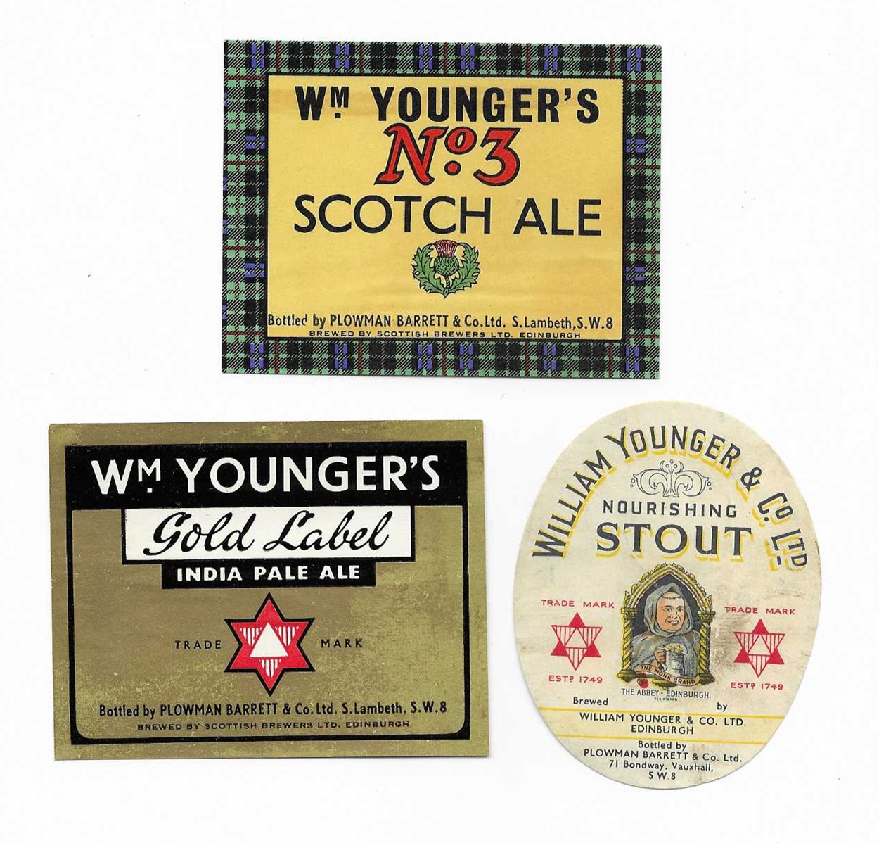 YOUNGER Wm. – PLOWMAN BARRETT TRIO – SEE 2 PICS – British Beer Labels