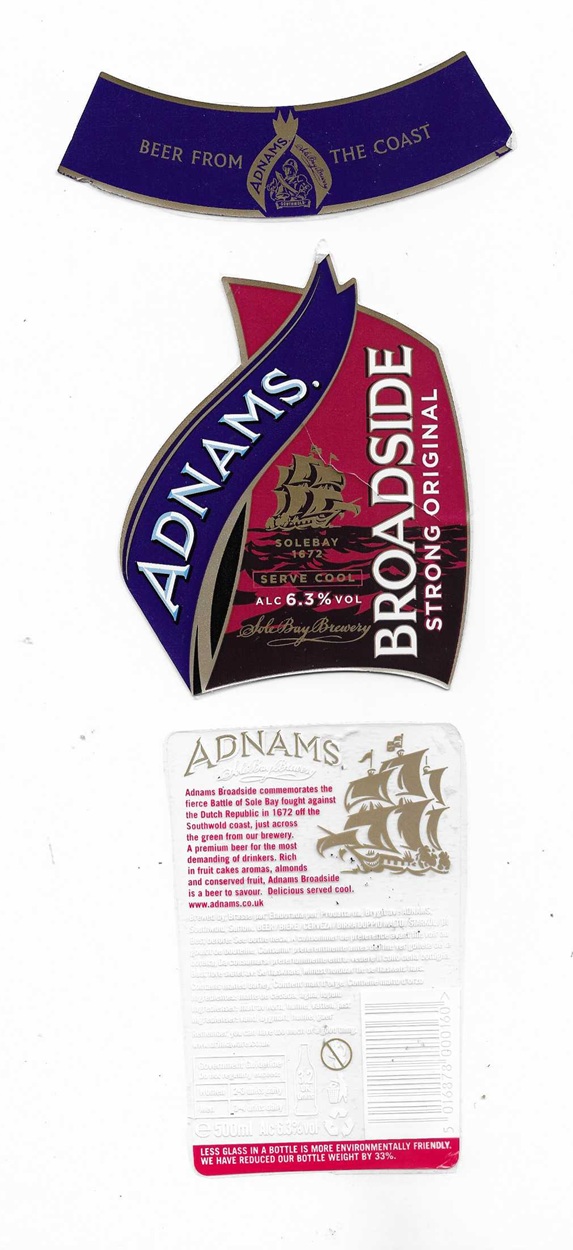 ADNAMS OF SOUTHWOLD – BROADSIDE – USED – PLASTIC – British Beer Labels