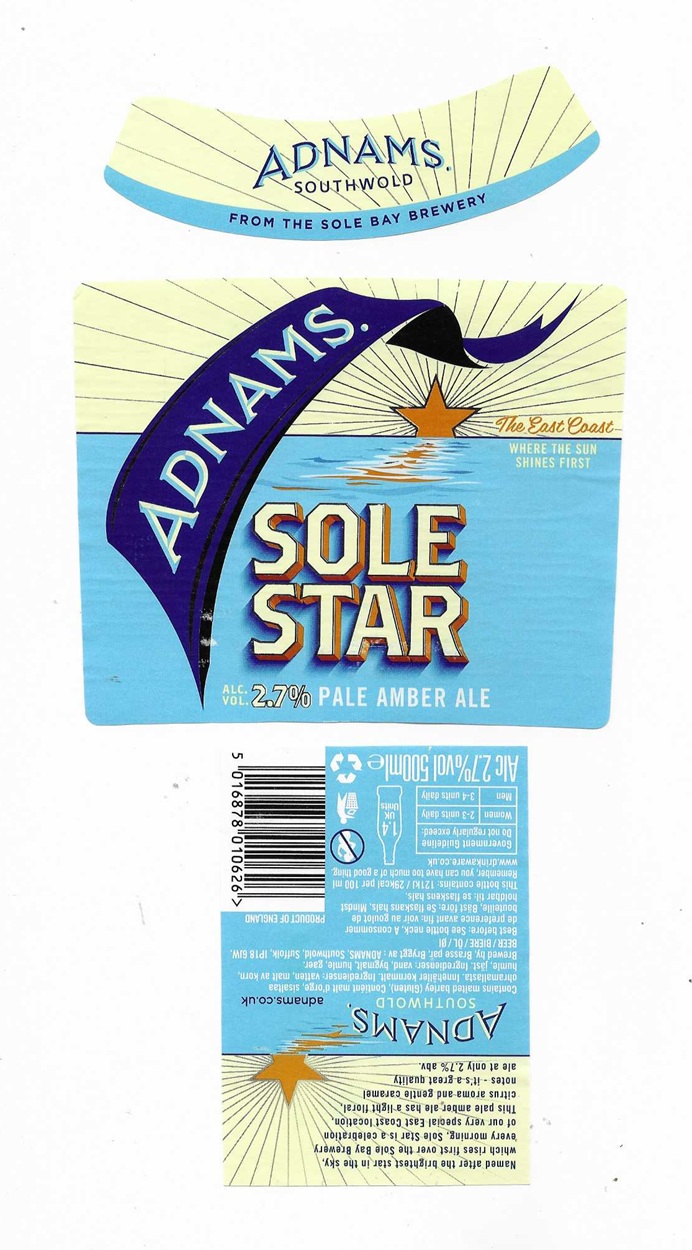 ADNAMS OF SOUTHWOLD – SOLE STAR – USED – British Beer Labels